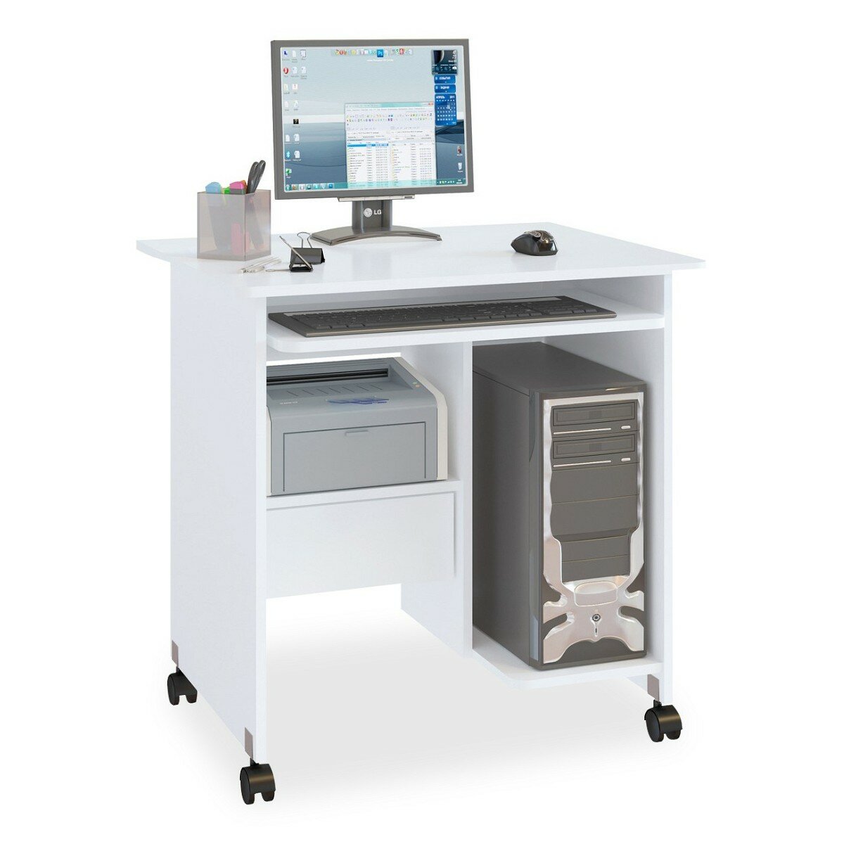 HESBY Стол компьютерный письменный Nimble Nest на колесиках с выдвижным ящиком и полками для работы учебы, 80x60x79см, белый