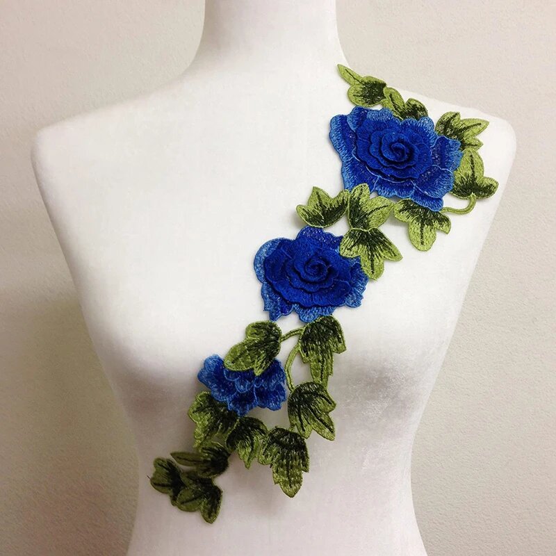 Вышитый патч "Розы", синий, Style1 Blue