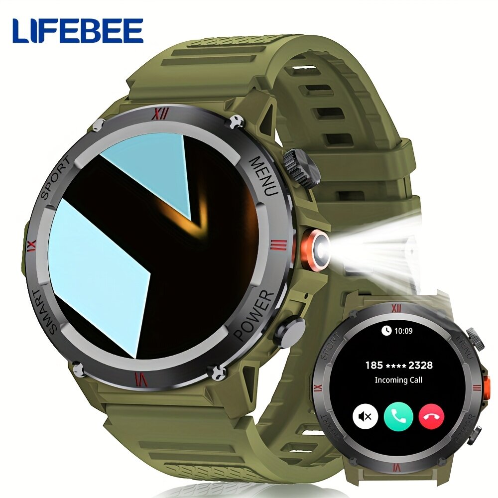 Uмные часы LIFEBEE с LED-фонарем, 1,46-дюймовый беспроводной смарт-часы для спорта и фитнеса — 100+ спортивных режимов, трекер активности, музыкальный плеер, шагомер