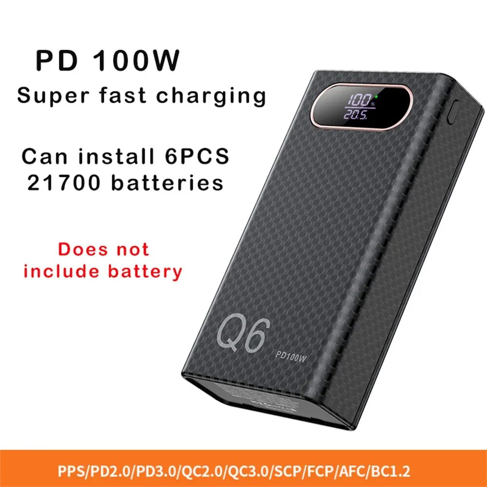 Q6 PD 100 Вт Power Bank с быстрой зарядкой, корпус 20 В, 5 А, DIY 6 шт, аккумулятор 21700, черный