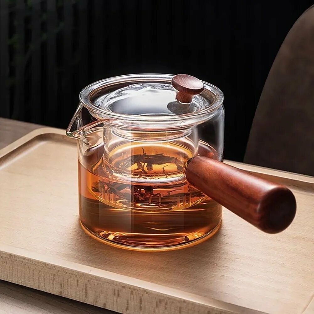 Чайник заварочный "Плешоп", прозрачный, стекло, деревянная ручка, 500мл