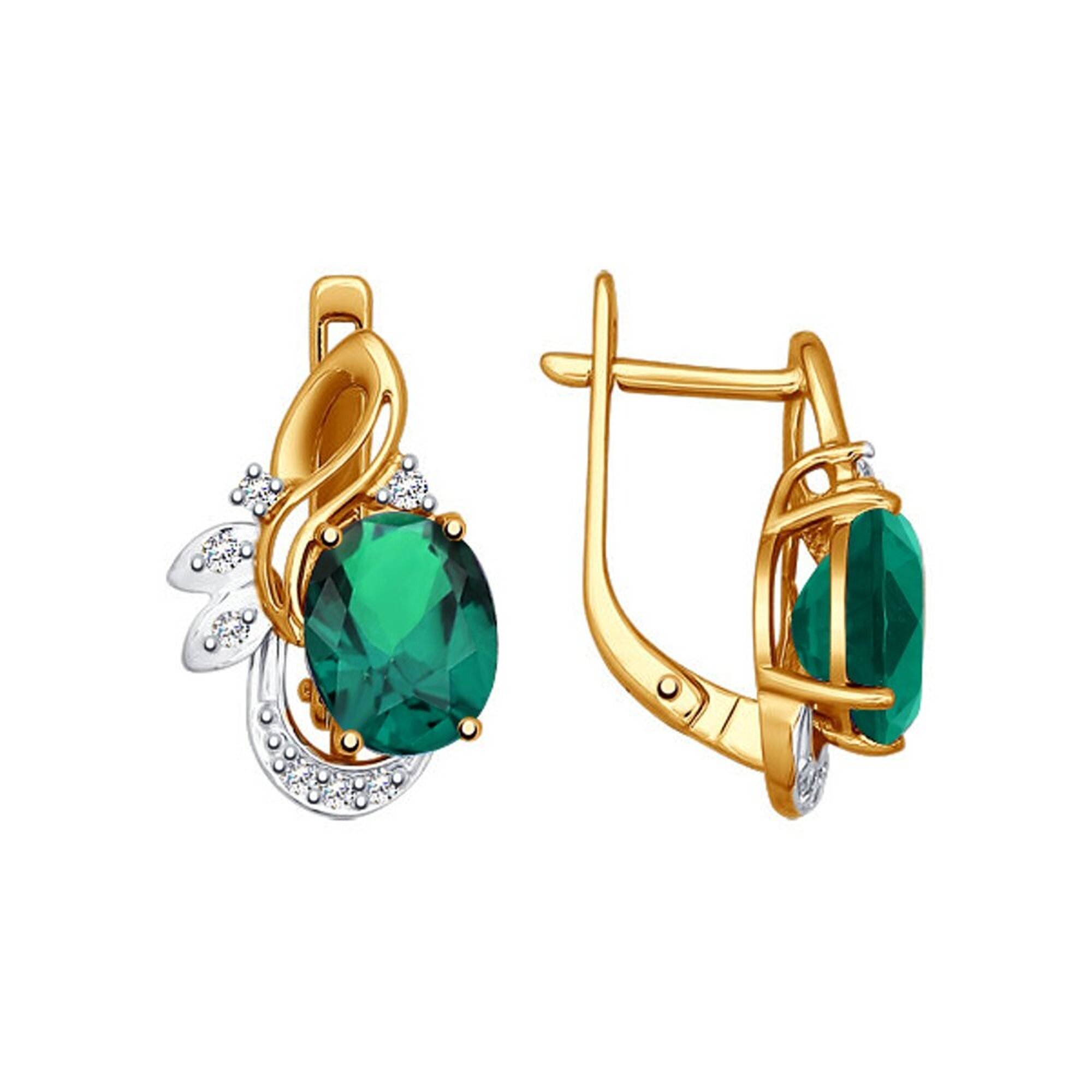 Серьги, красное золото, 585 проба, изумруд синтетический, фианит
