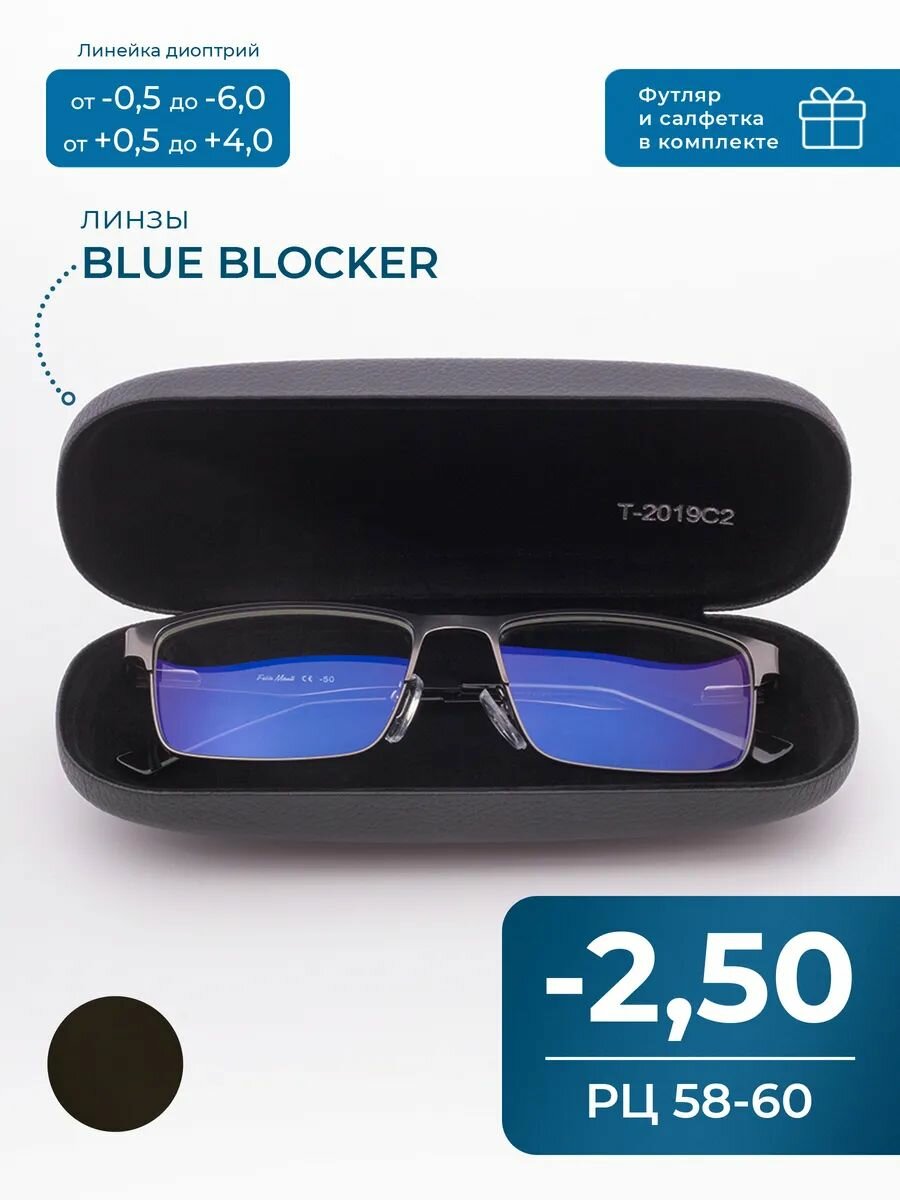 Готовые очки РЦ 58-60 для зрения-дали BLUE BLOCKER (-2.50) FABIA MONTI 8982 C2, с футляром, цвет серый металлик, стигматические, РЦ 58-60