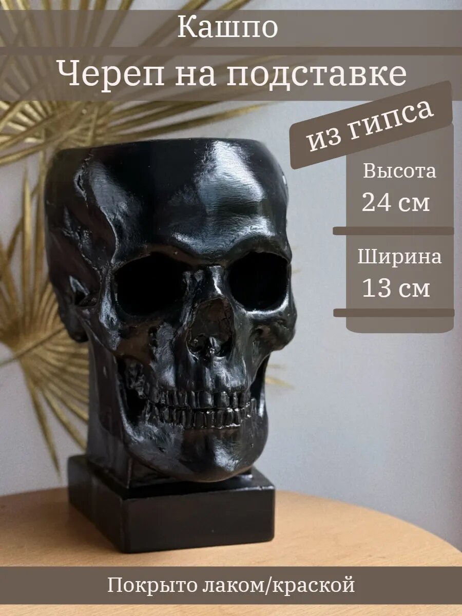 Кашпо Череп на подставке из гипса, черный цвет, 24 см, декор, органайзер