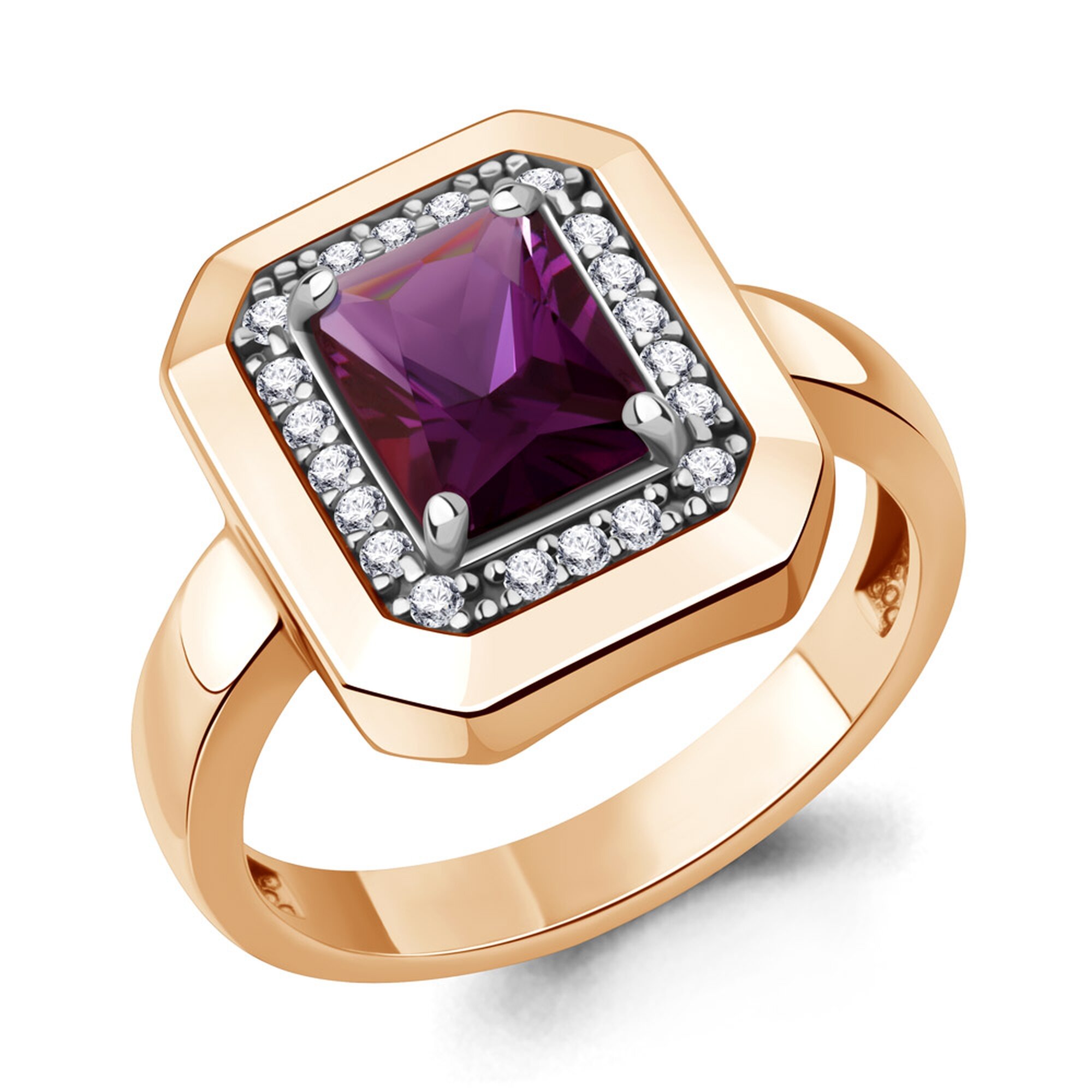 Кольцо, серебро, 925 проба, золочение, аметист, фианит