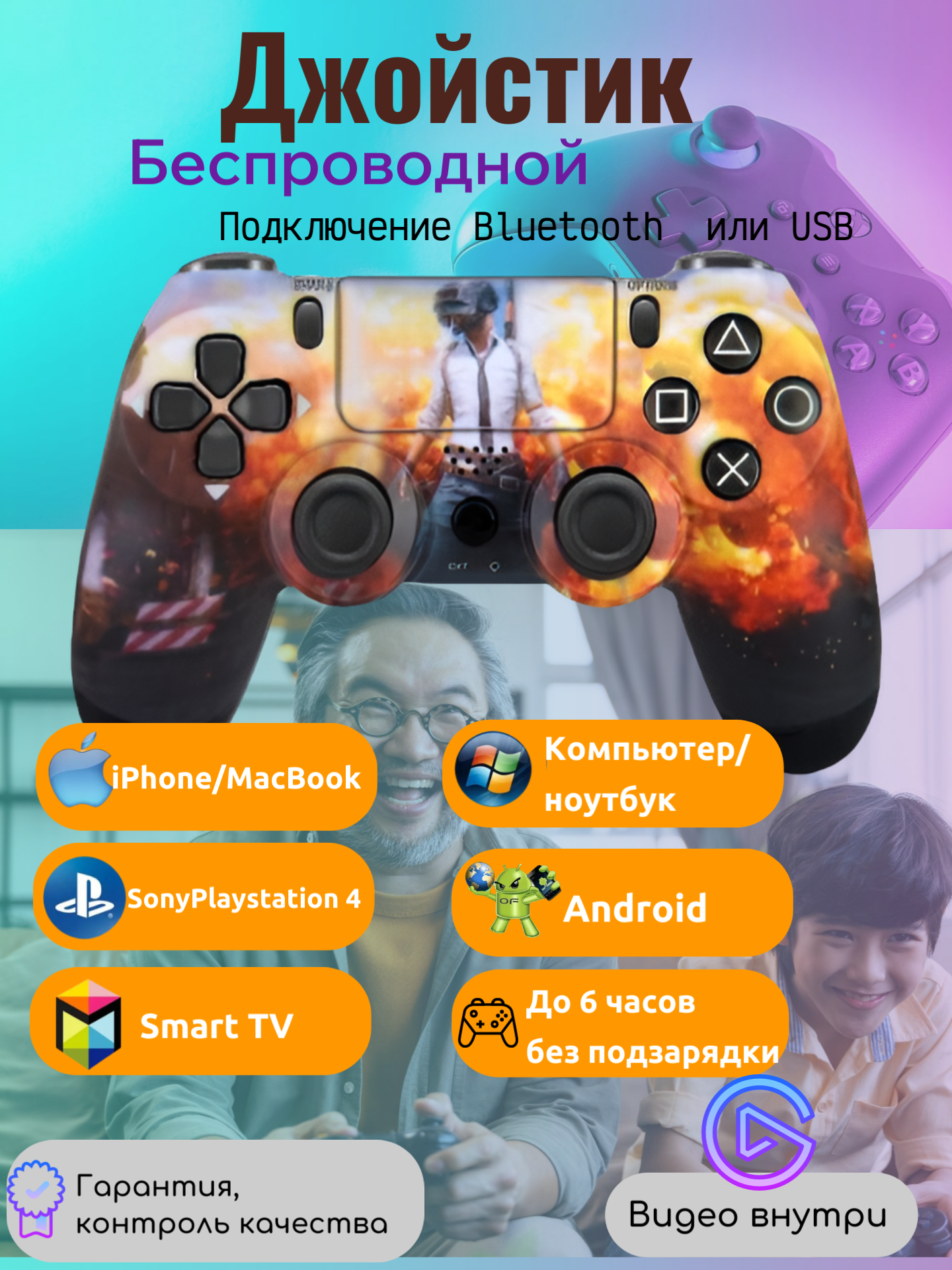 Беспроводной геймпад для PS4 / Джойстик Bluetooth для Playstation 4, Apple (IPhone, IPad), Androind, ПК