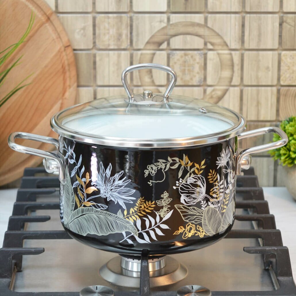 Кастрюля 3 л «Magia» — черный стиль, эмаль, индукция, стеклянная крышка, индукционное дно, подарочная коробка