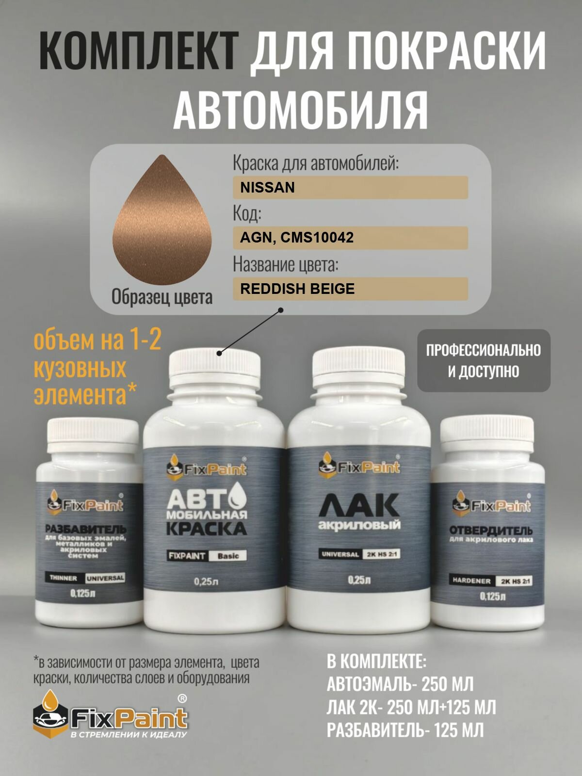 Комплект для покраски NISSAN, код AGN, CMS10042, REDDISH BEIGE, базовая автомобильная эмаль 250 мл, лак 2K 250 мл с отвердителем, разбавитель 125 мл, FixPaint Pro