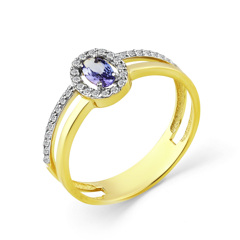 Кольцо, желтое золото, 585 проба, бриллиант, танзанит