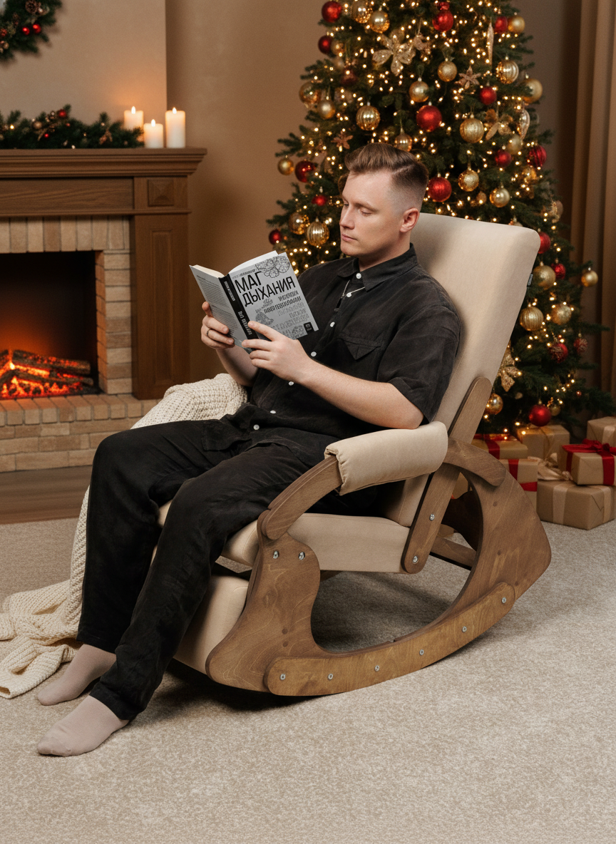 Кресло-качалка с подножкой для дома и дачи "Бриз" от "Мягкой посадки", обивка бежевый велюр