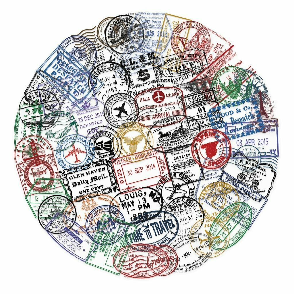 60 листов наклеек с ретро-почтовыми штемпелями, штампами, корешками билетов