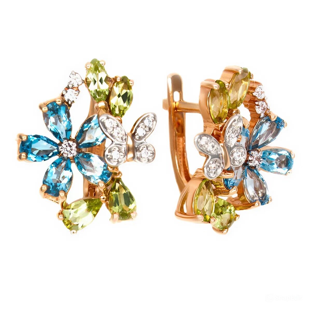 Серьги, красное золото, 585 проба, топаз, хризолит, фианит