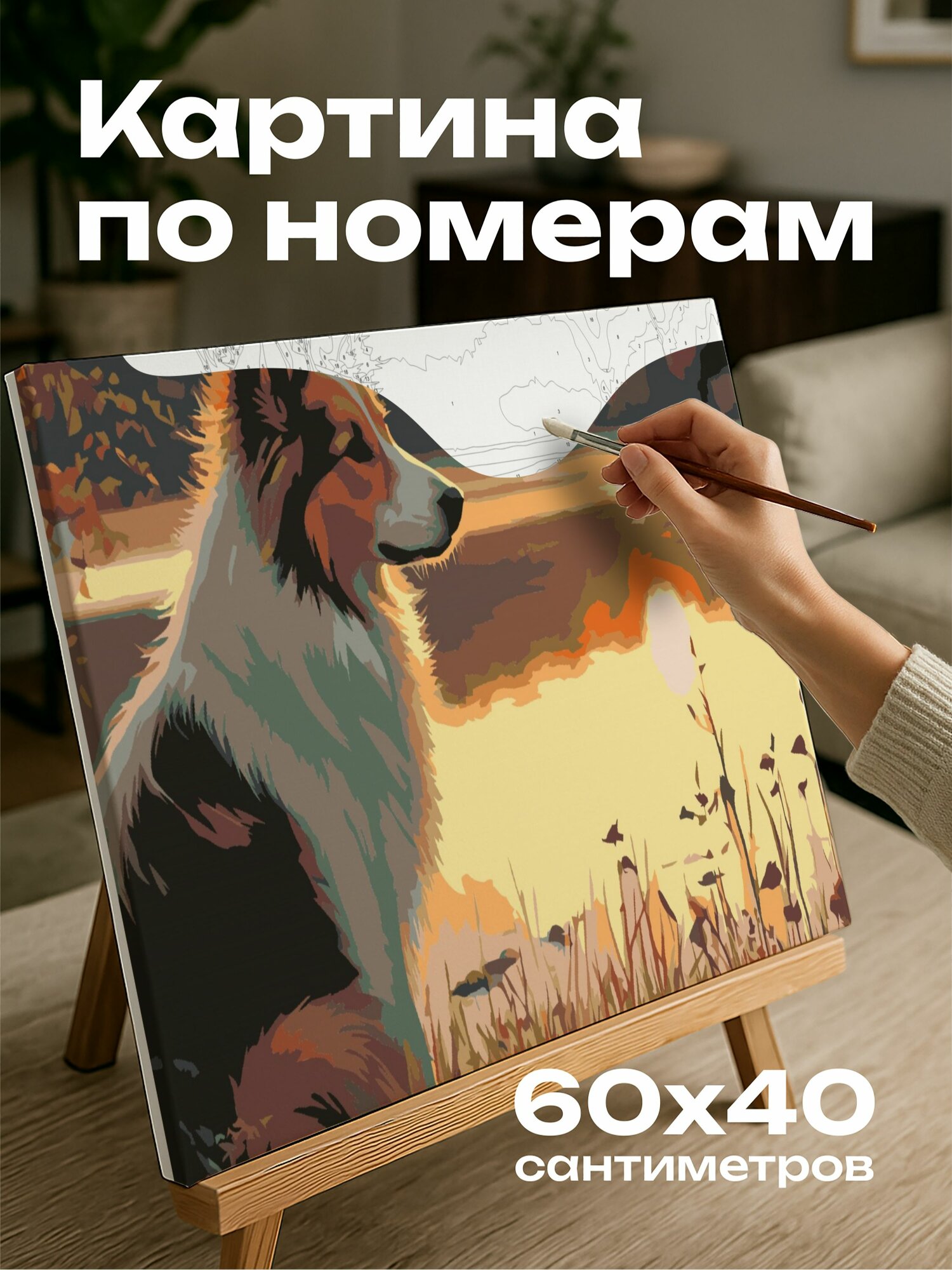 Картина по номерам 60x40 см, картина, масло, собака, колли, забота, нежность, озеро, закат, лучи, безмятежность