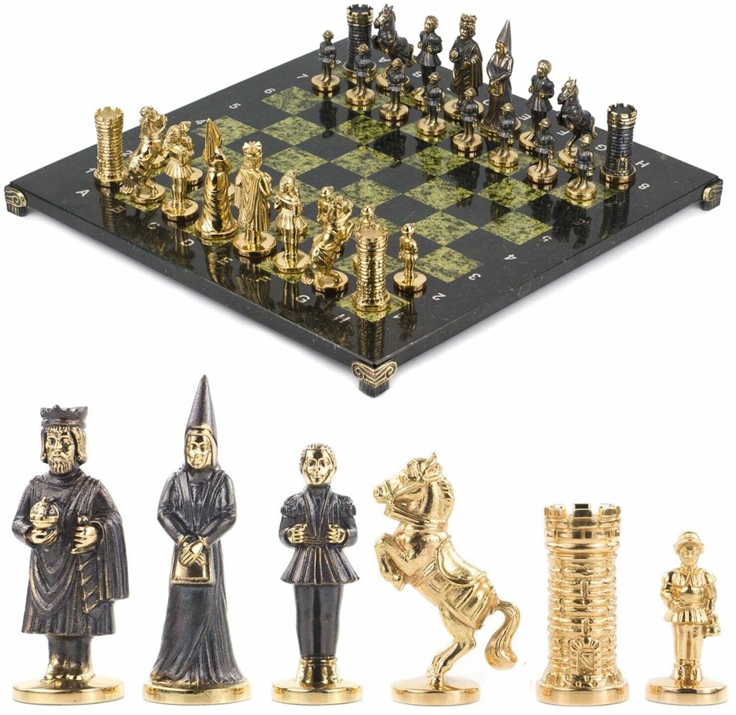Шахматы подарочные "Камелот" из бронзы и змеевика 40х40 см 118058
