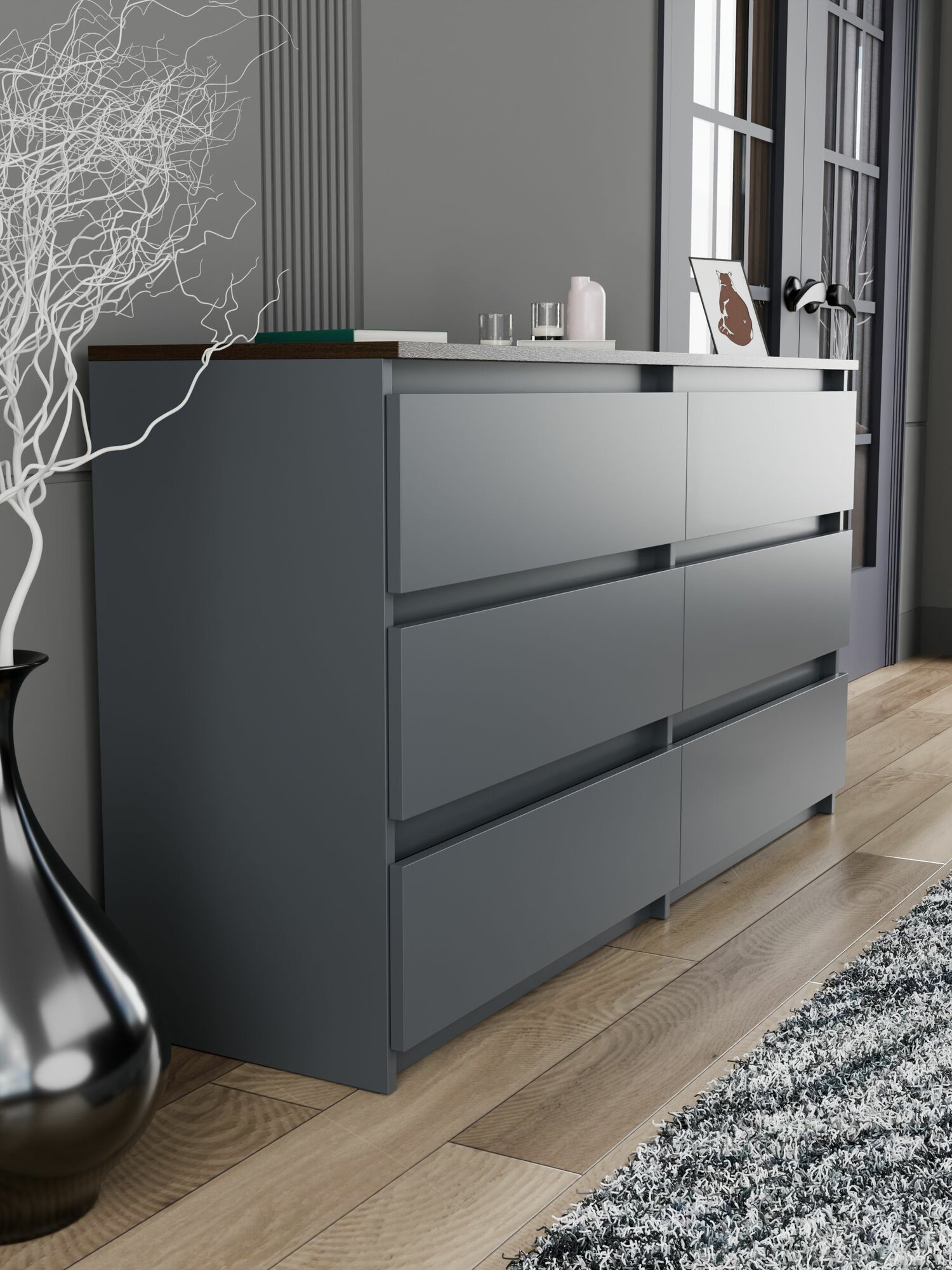 Комод для белья и одежды орлан 6 ящиков, 140х76.4х40 см, графит/венге