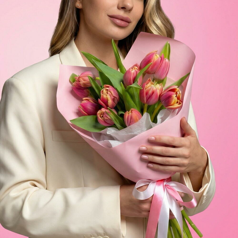 Тюльпаны пионовидные к 8 марта. Монобукет N3071. цветочной моды леора