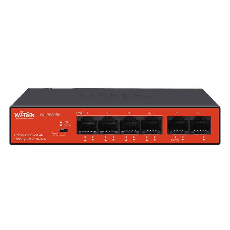 Коммутатор неуправляемый Wi-Tek WI-PS205H v3, PoE 40 Вт, 4 PoE FE, 2FE, режим 250м, VLAN, Watchdog
