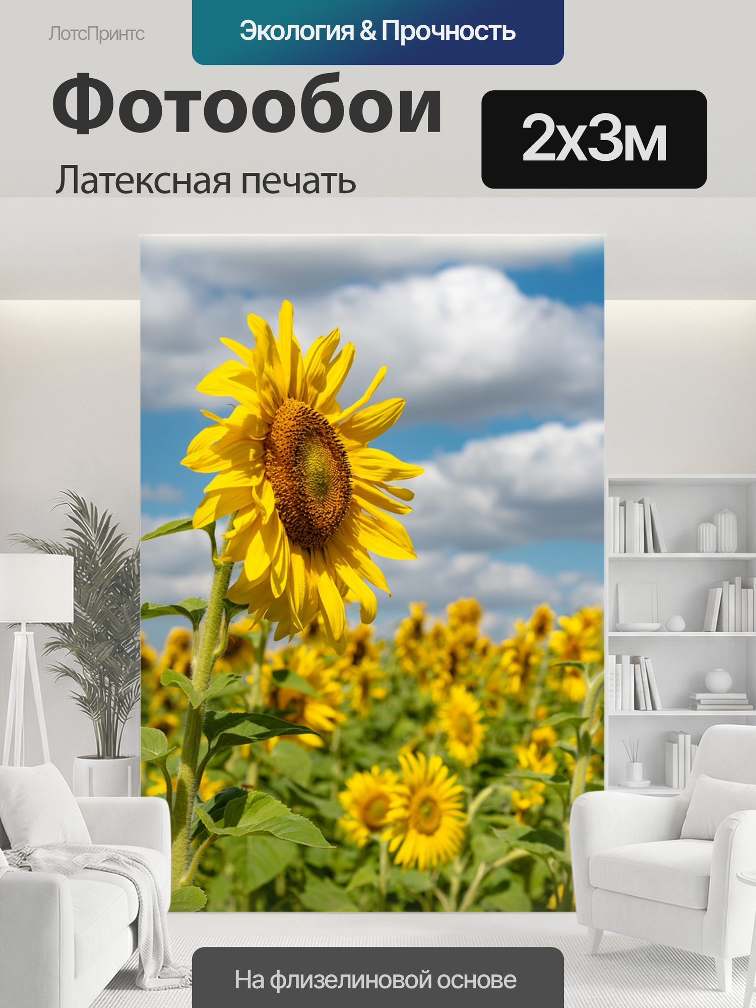 Фотообои моющиеся ударопрочные "Подсолнухи, поле подсолнечника, подсолнечная ферма" 200x300 см. латексная печать