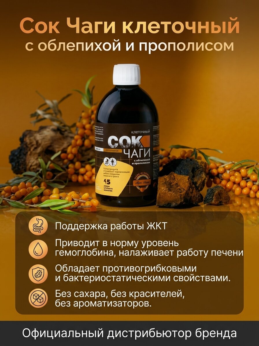 Сок чаги клеточный с облепихой и прополисом от Арт Лайф