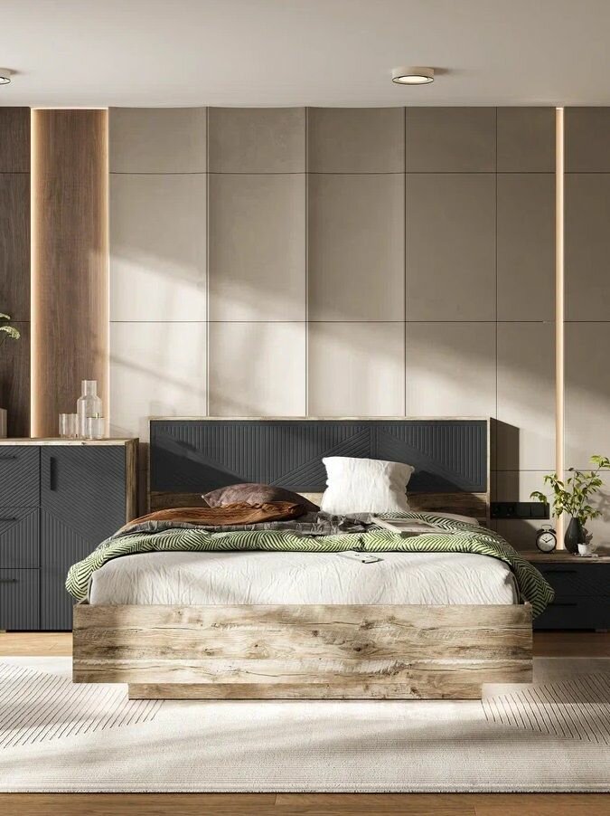 Кровать 160х200 см парящая двуспальная Сильвия МДФ, 210.1х170.8х100 см, Браш графит/Дуб юкон