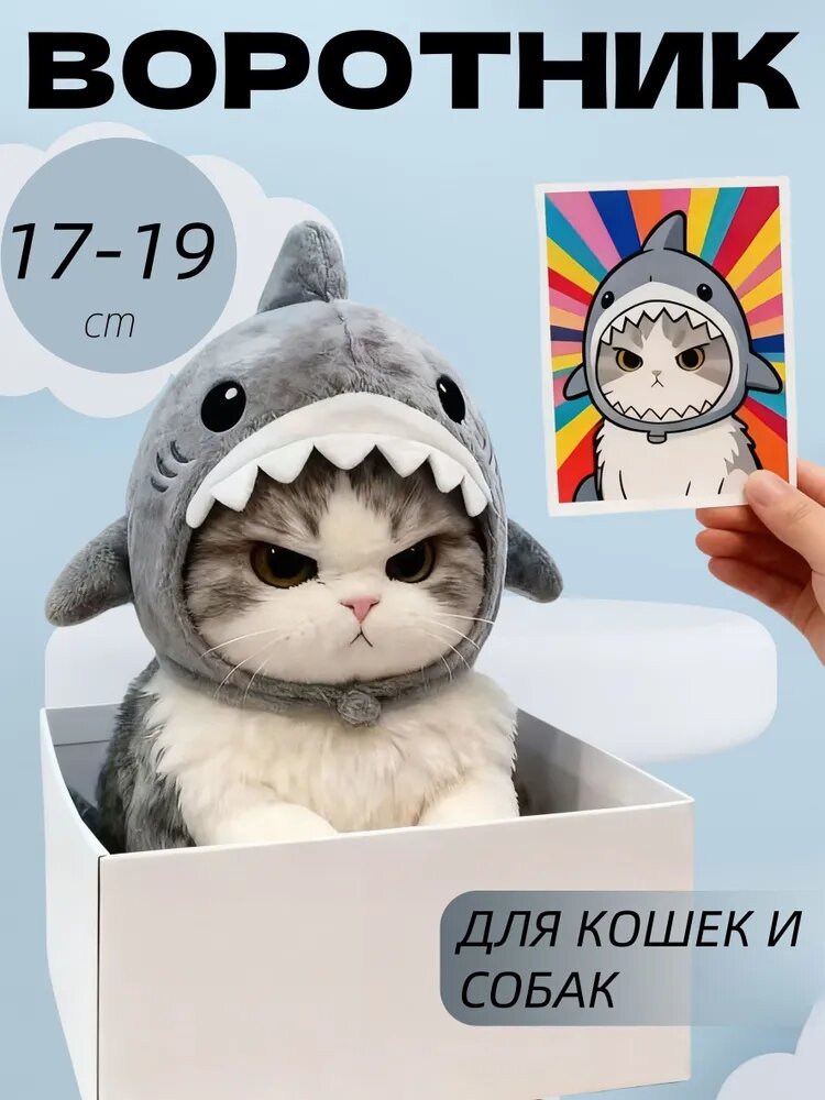 Защитный воротник для кошек в виде акулы, мягкий хлопковый, размер 17-19 см