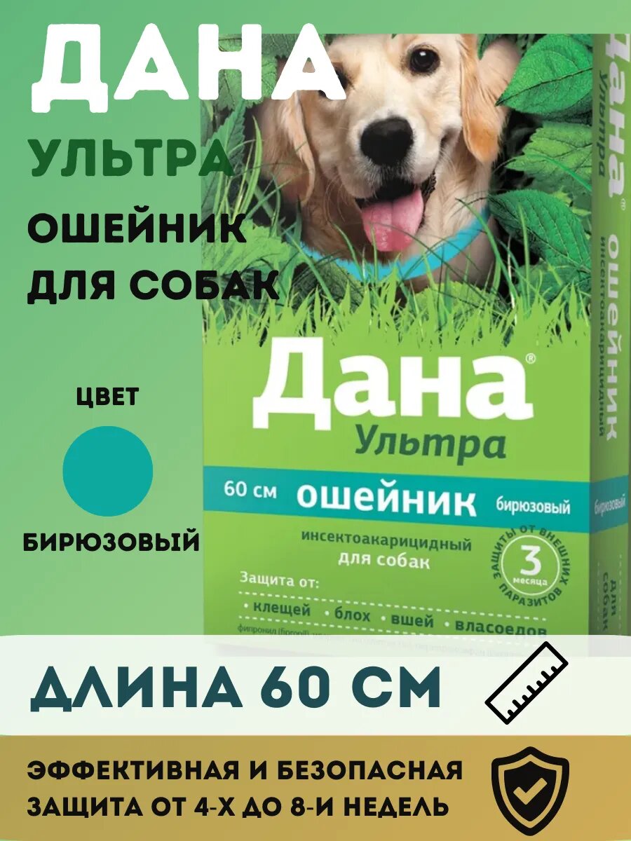 Дана Ультра для собак, ошейник, 60 см, бирюзовый
