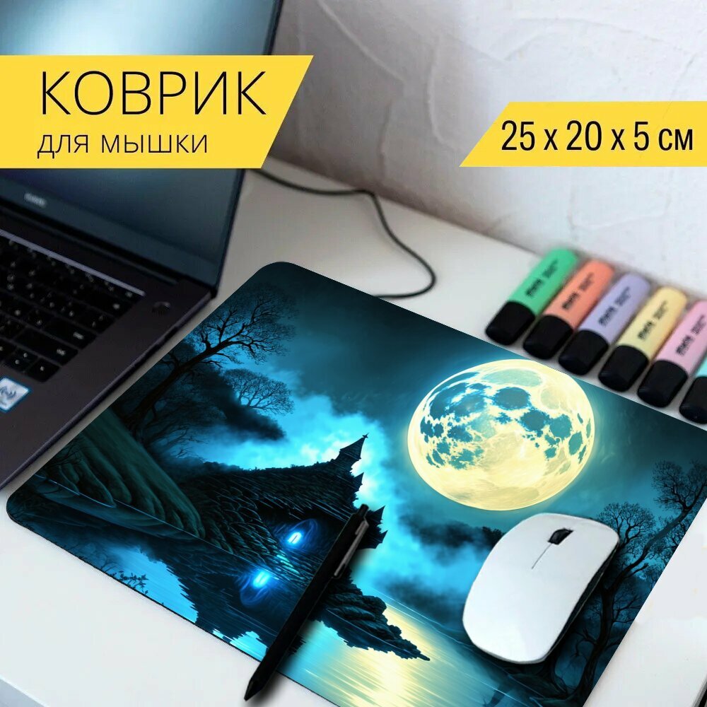 Коврик для мыши с принтом "Колодец, из которого поднимается магический туман, к нему приблизилась полнолуние, отражаясь в воде. вокруг него летают души с светящимися." 25x20см.
