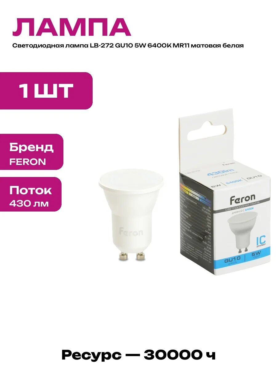 Лампа матовая MR11 GU10 5W 6400K холодный свет диаметр 35 мм