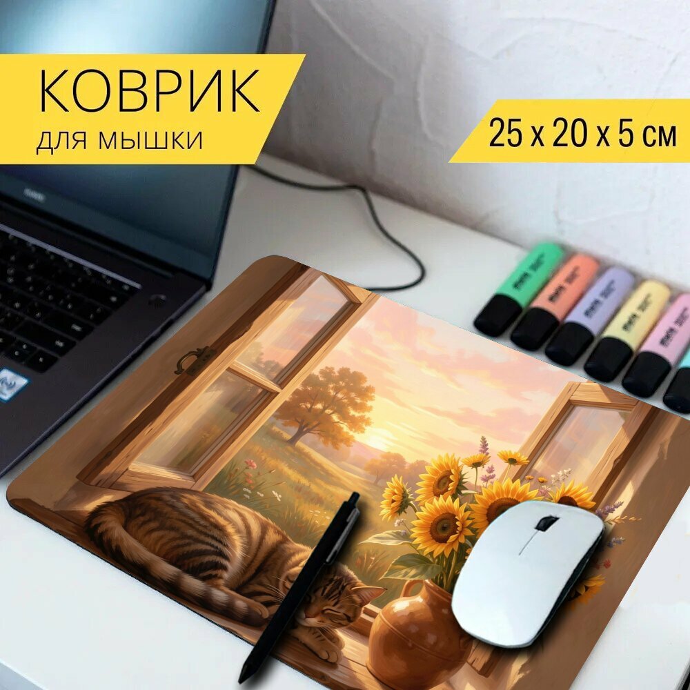 Коврик для мыши с принтом "Кот и подсолнухи у окна. Уютная летняя сцена: спящий полосатый кот на деревянном подоконнике, рядом керамический кувшин с яркими цветами, за." 25x20см.