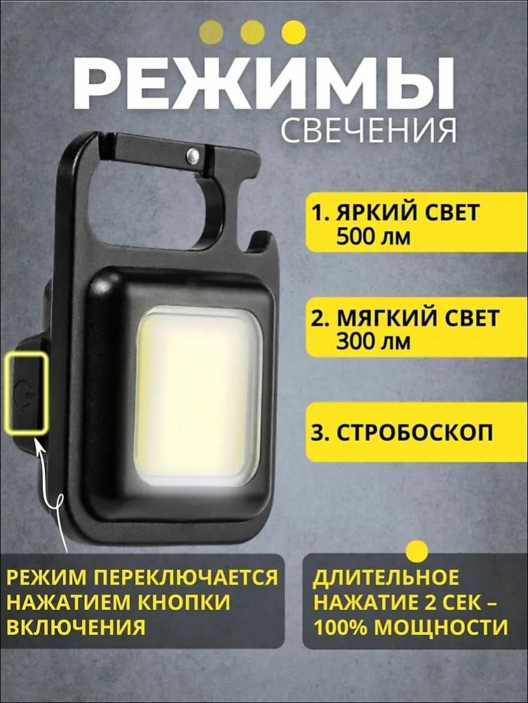Фонарь-брелок, светодиодный, черный, 30 светодиодов, встроенный аккумулятор, IPX-4 — фото 1