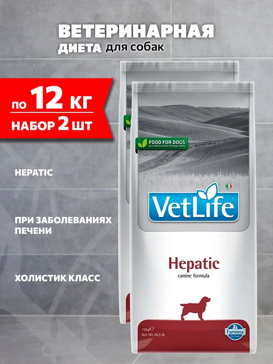 Корм сухой Farmina Vet Life Canin Hepatic для взрослых собак при заболеваниях печени, 12 кг 2 шт