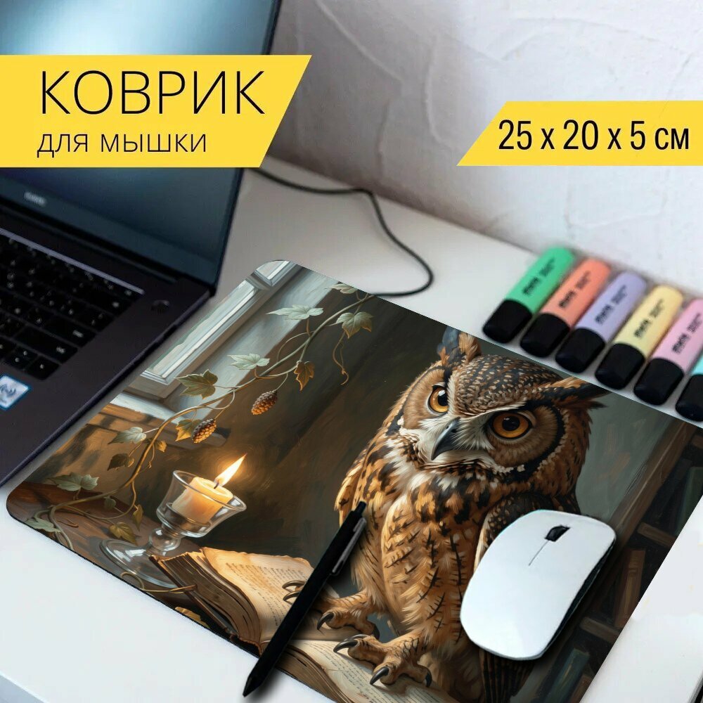 Коврик для мыши с принтом "Сова у свечи и книги. Реалистичная уютная сцена в тёплых коричнево-золотых тонах: крупная сова на раскрытом томе, рядом мерцающий огонёк, окно с." 25x20см.