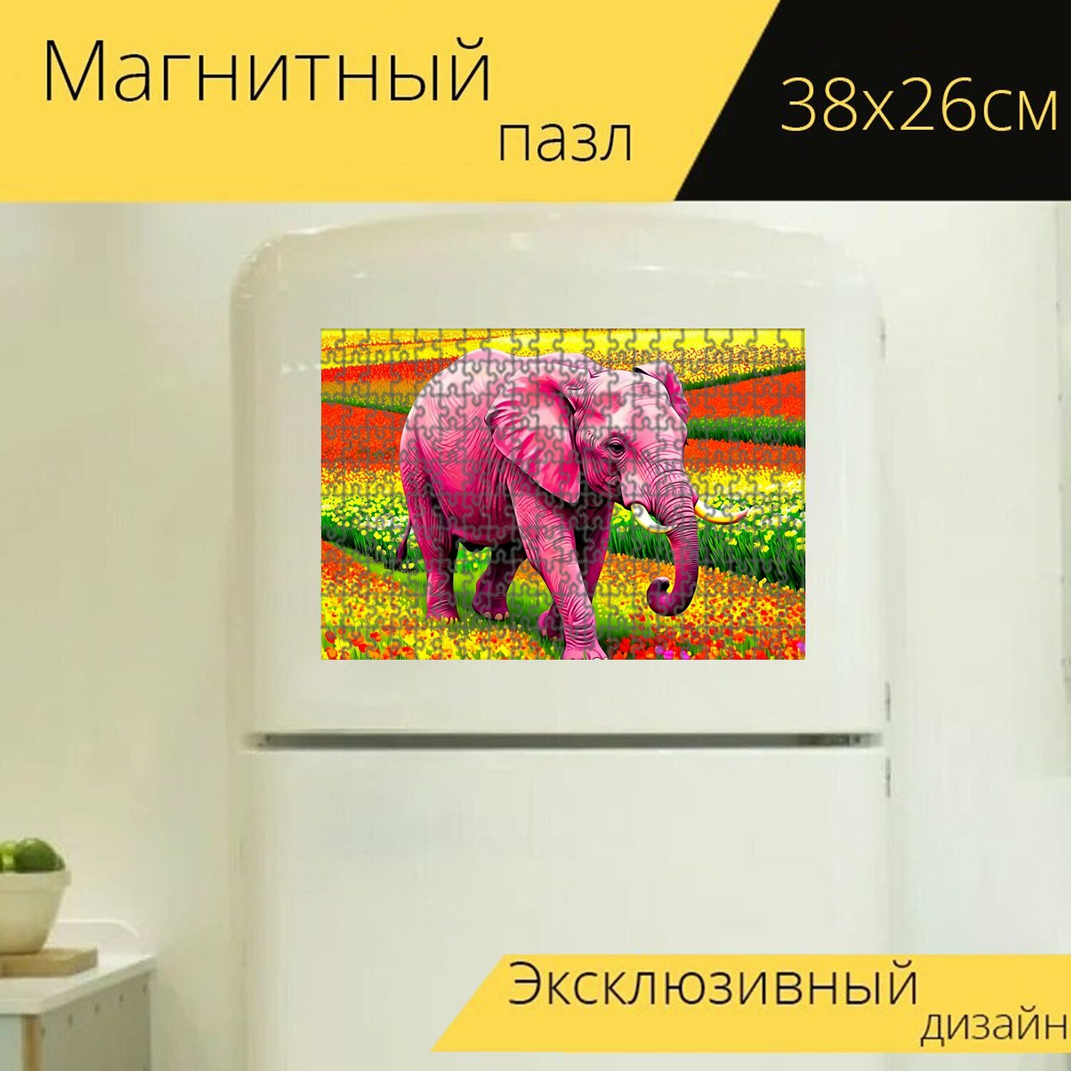 Магнитный пазл "Розовые слоны, гуляющие по бескрайним полям, наполненным цветами. стиль иллюстрации с яркими цветами и игривыми элементами." для интерьера, 38х26 см.