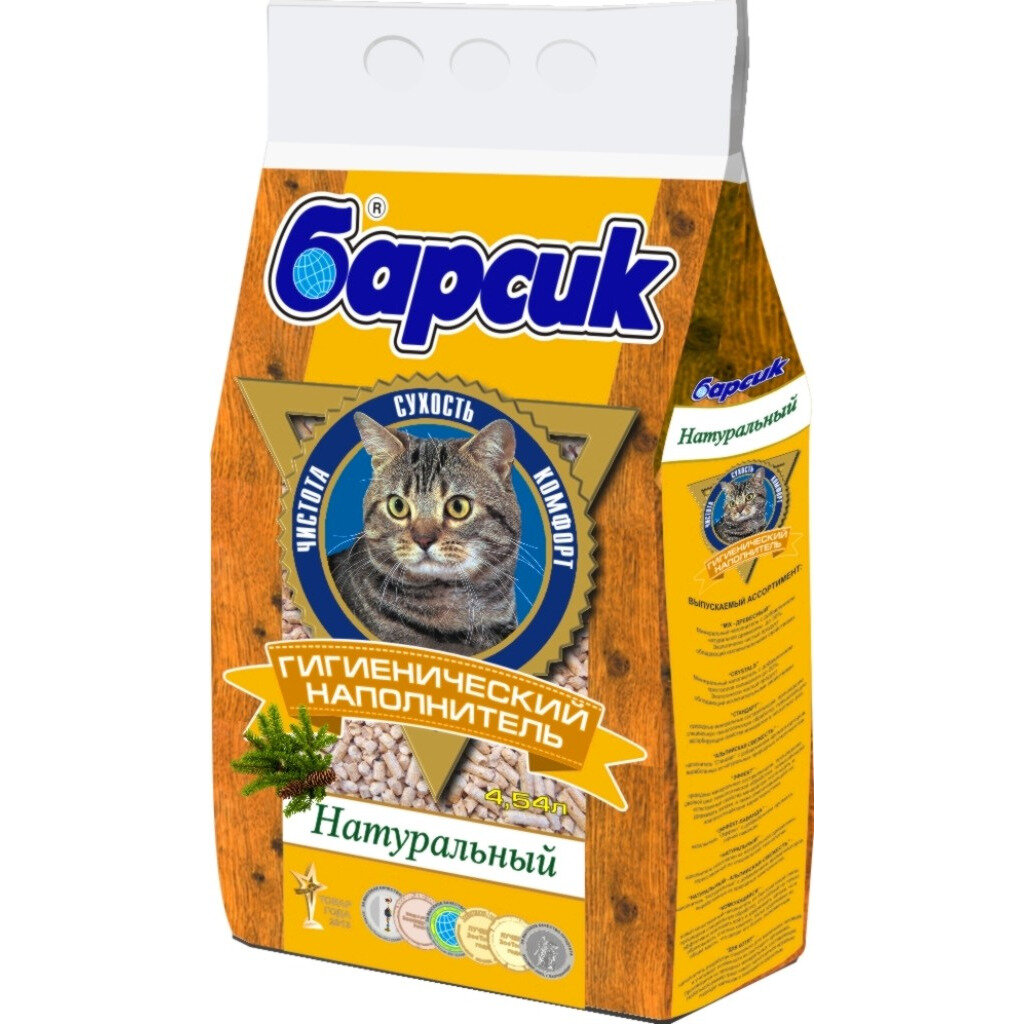 Натуральный древесный впитывающий наполнитель для кошек Барсик, 4,54л