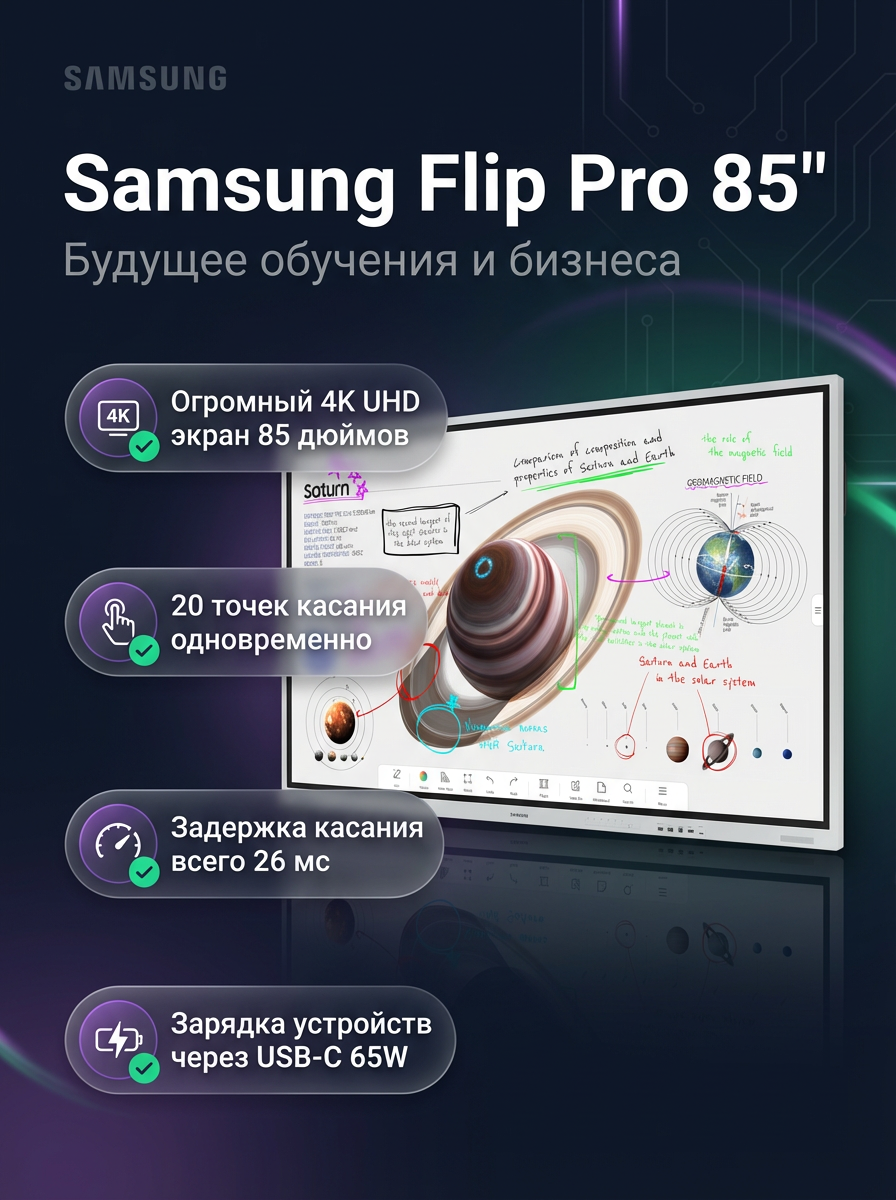 Интерактивная панель Samsung WM85B FLIP 3840х2160,4000:1, 350кд/м2,20 касаний