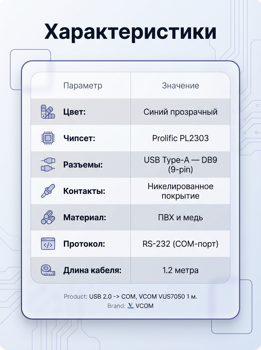 USB 2.0 -> COM, VCOM VUS7050 1 м. — фото 1