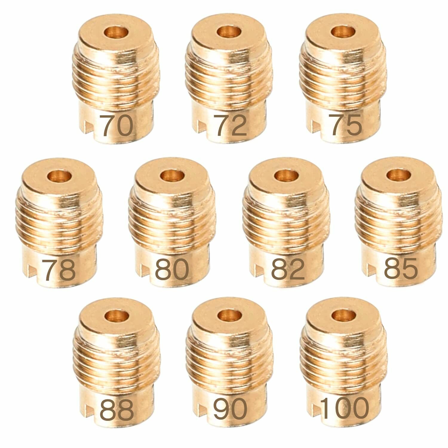 Комплект 10 главных форсунок Keihin #70–#100, полный резьбовой жиклер M7 x P0.75 (диам. 7 мм, H 8,5 мм) для карбюраторов скутеров