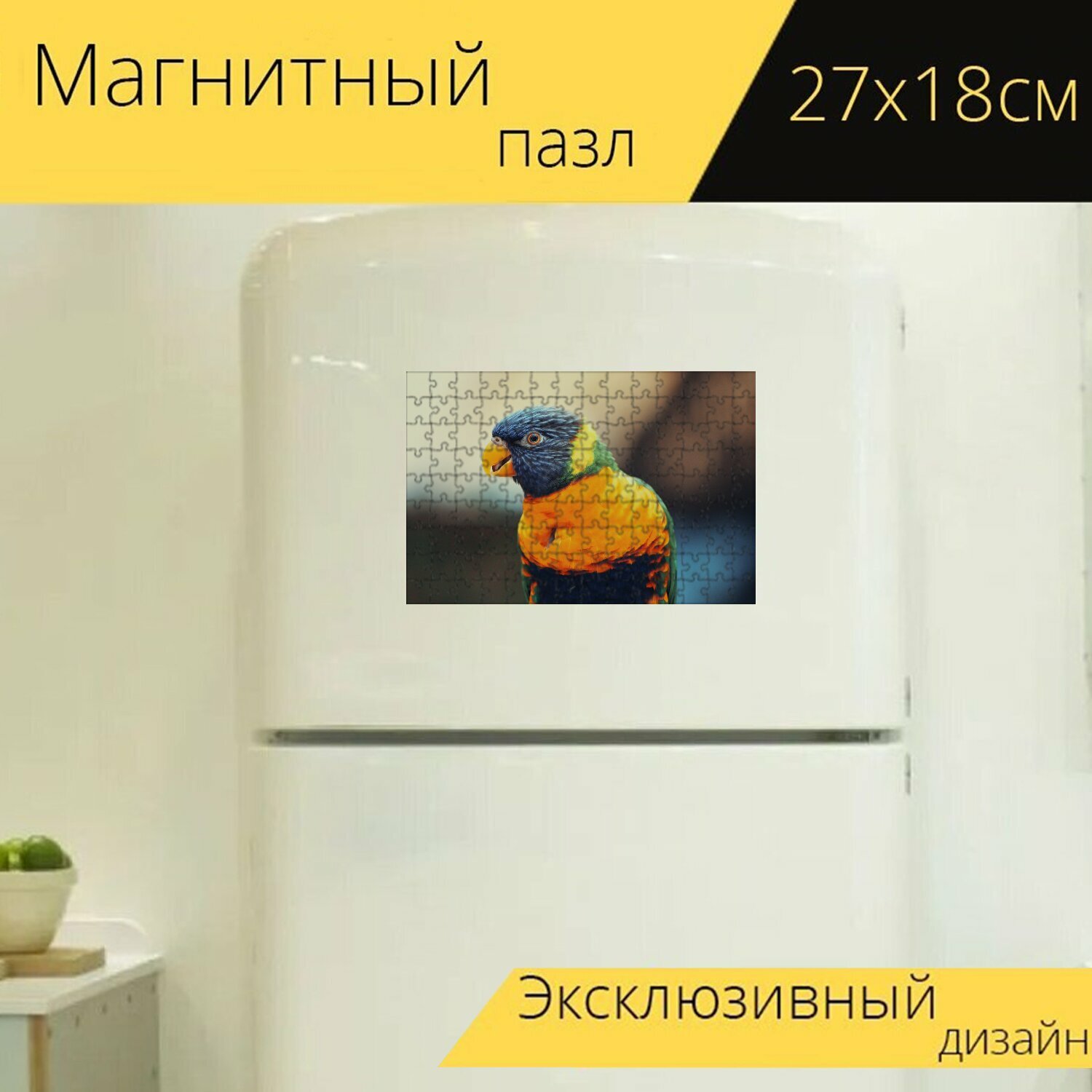 Магнитный пазл "Мускусный лорикет, попугай, красочный" на холодильник 27 x 18 см.