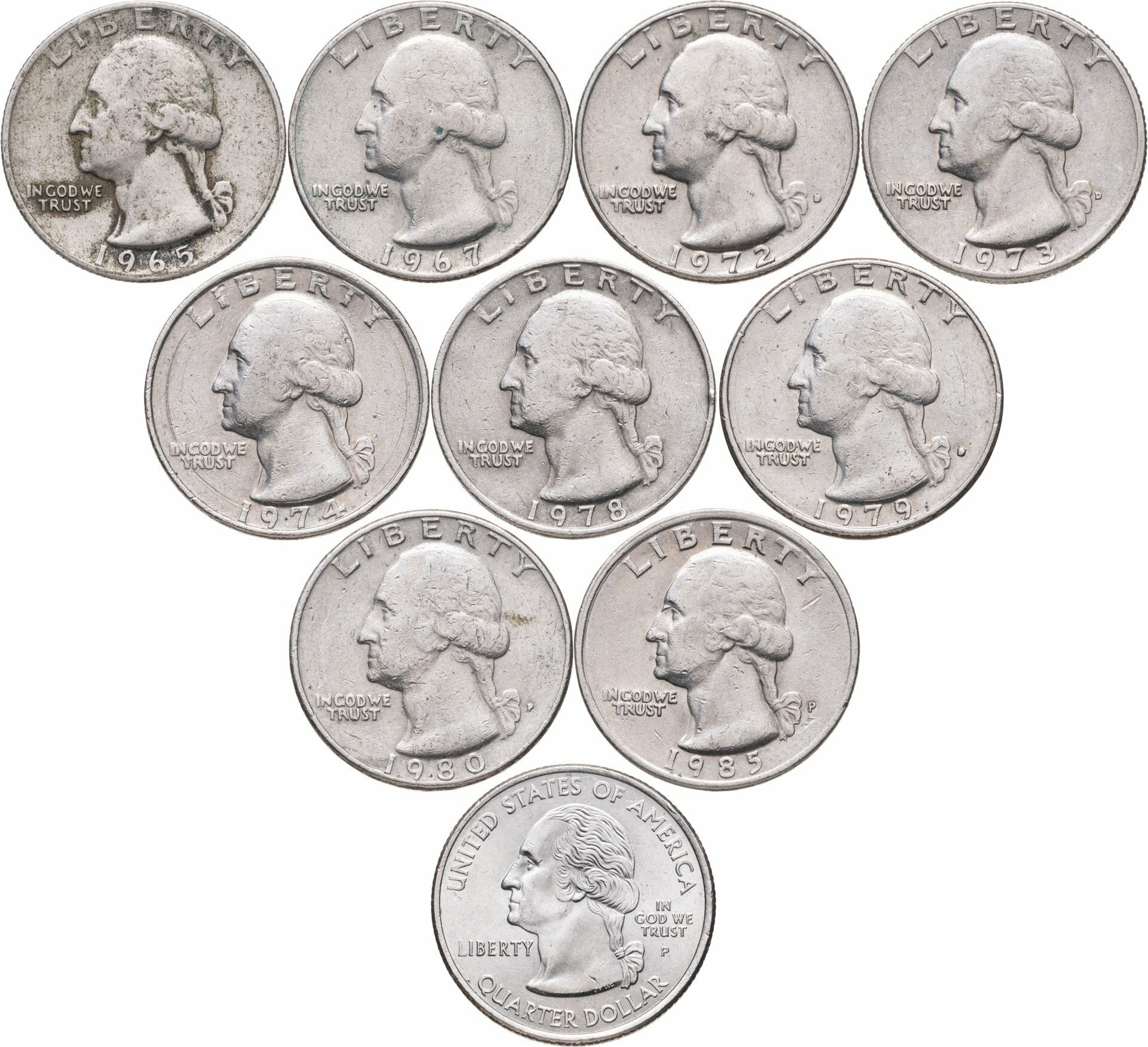 США набор из 10 монет 25 центов квотер, 1/4 доллара, quarter dollar 1965-2005, Медь, в сохранности VF-UNC