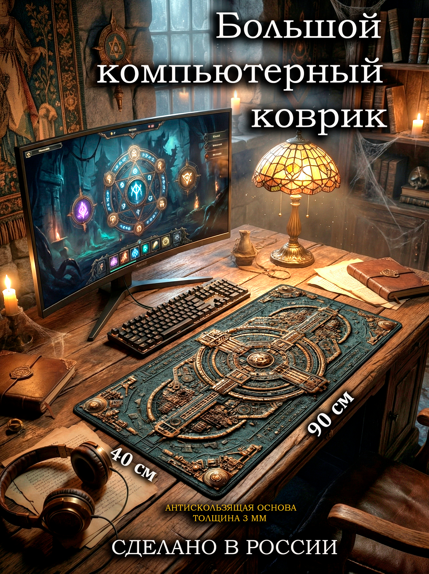 Большой игровой коврик для мышки с принтом, 90х40 см, мистический замок. Компьютерный ковер под клавиатуру и мышь на весь стол.