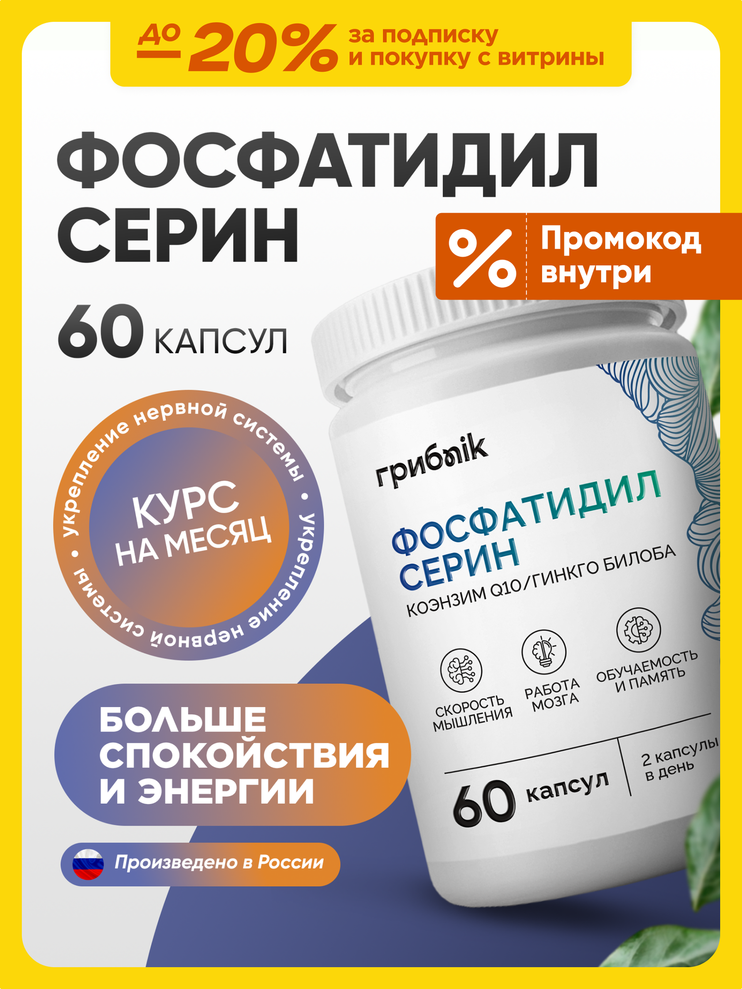 Фосфатидилсерин, ежовик гребенчатый + коэнзим q10 + гинкго билоба, ноотропы для мозга и памяти 60 капсул, ГрибNik