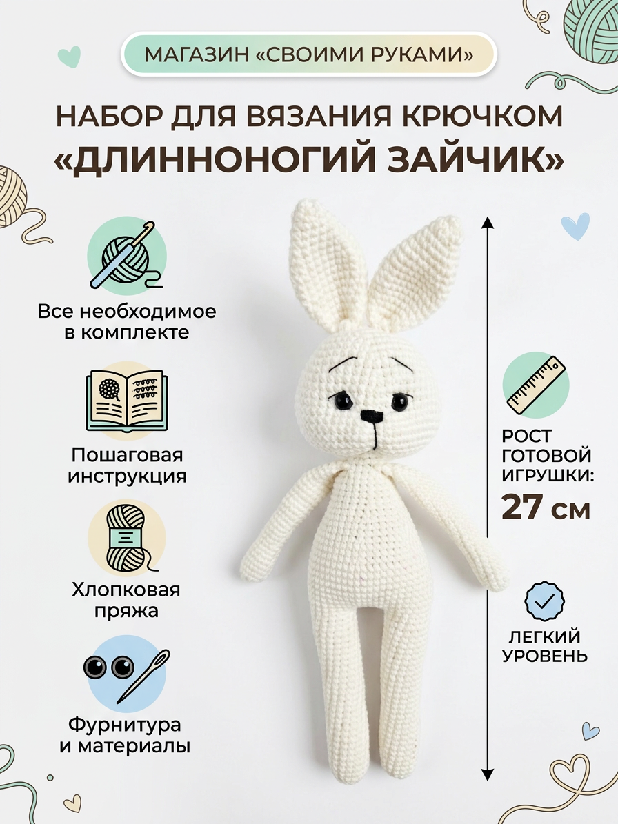 Набор для вязания СвоимиРуками "Длинноногий Зайчик", игрушка, молочный, для детей от 9 лет