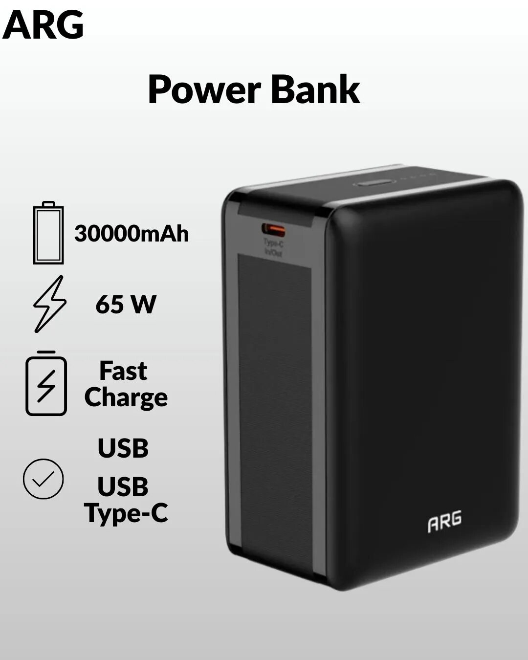 Power Bank ARG ARG30000TB30, 30000 мА·ч, черный, быстрая зарядка