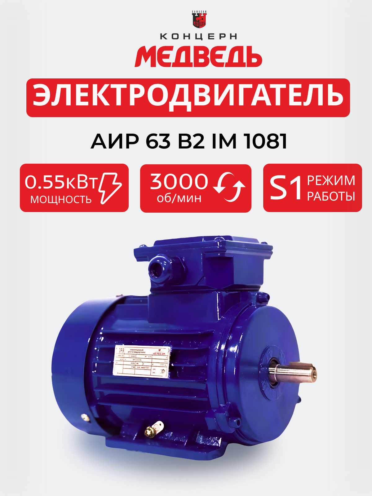 Электродвигатель АИР 63 В2 0,55 кВт 3000 об/мин IM 1081