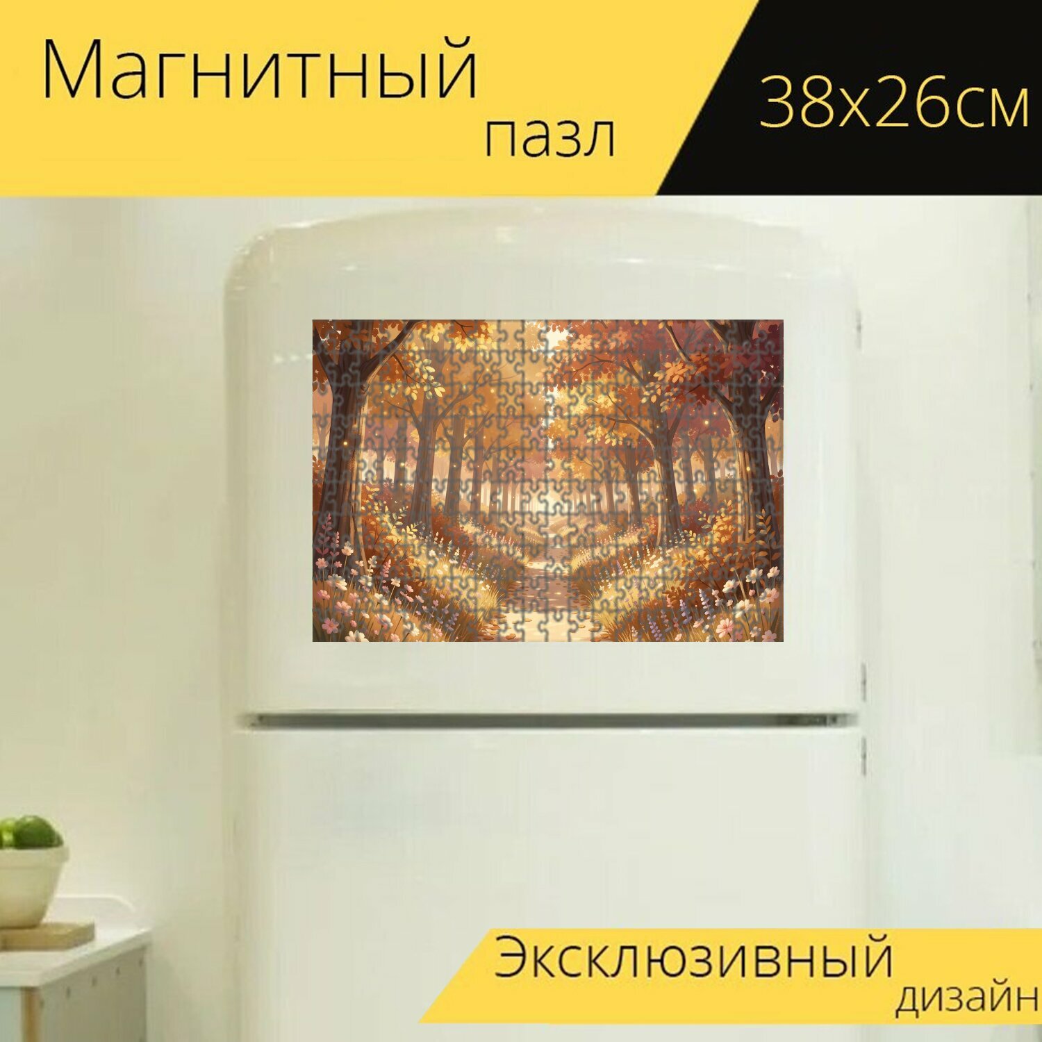 Магнитный пазл "Осенняя лесная тропа. Сказочный лесной пейзаж с узкой дорожкой, высокими деревьями и полевыми цветами в теплых золотисто-оранжевых оттенках." для интерьера, 38х26 см.