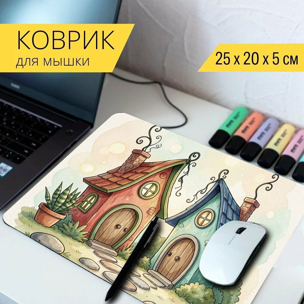 Коврик для мыши с принтом "Два сказочных домика акварель. Милые фантазийные жилища с изогнутыми крышами, круглыми окнами, кирпичными трубами и кустами. Пастельная." 25x20см.