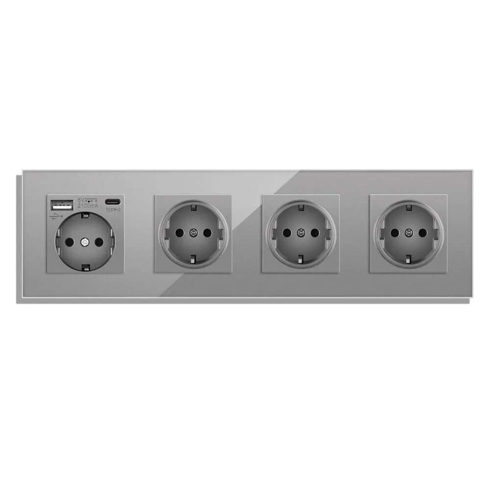 Розетка с USB и Type-C и обычная розетка, на 4 поста, стеклянная рамка 299x86 мм, серая.