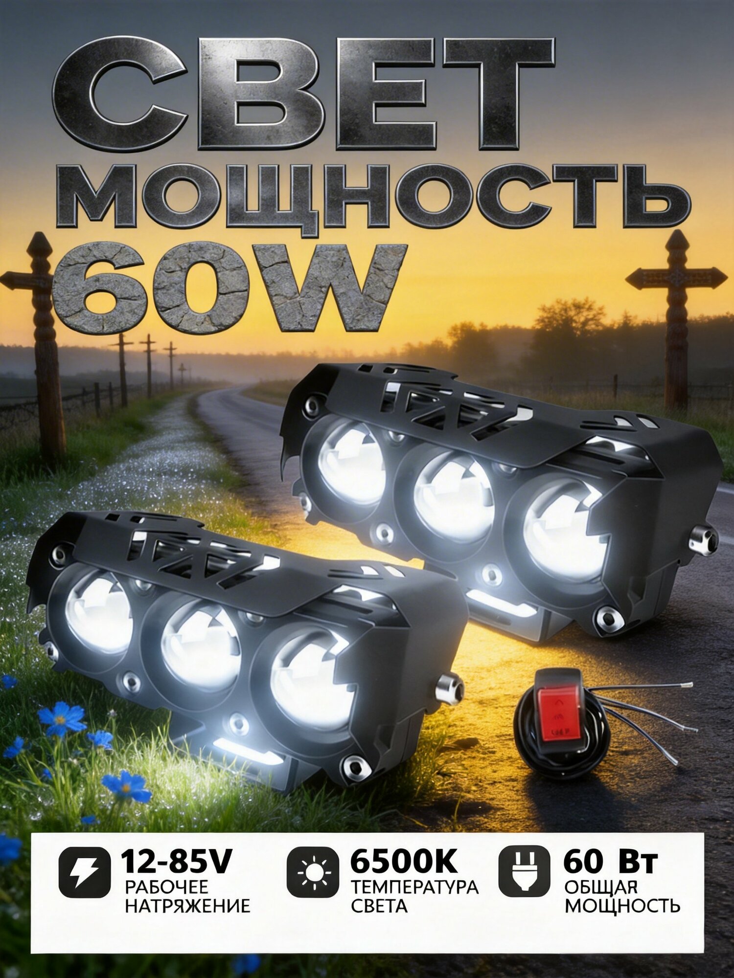 Фароискатель автомобильный, LED прожектор 10 Вт 2 шт с высоким и низким лучом, белый или желтый свет для дополнительного и противотуманного освещения