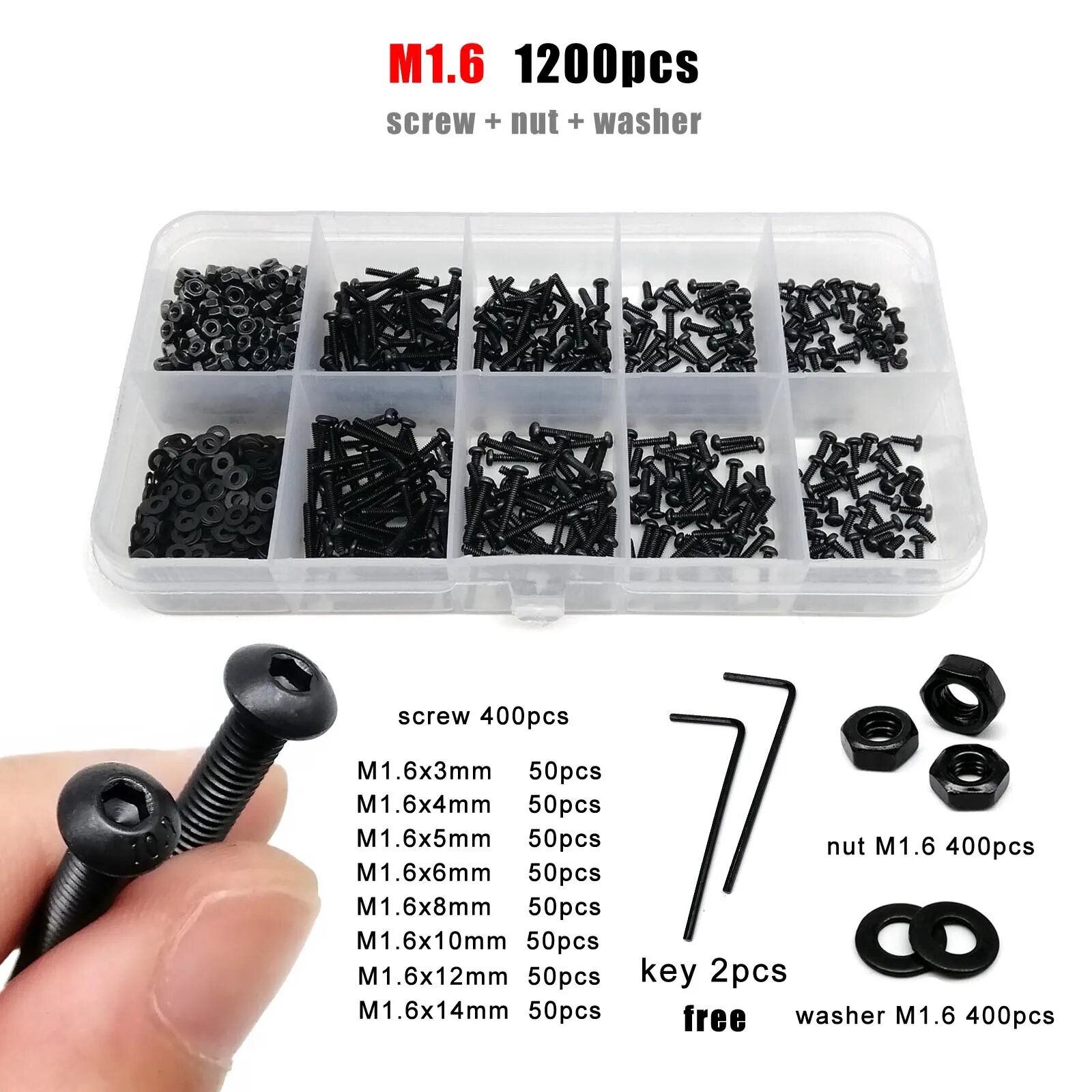 Набор крепежа M1.6 1200pcs, черного цвета