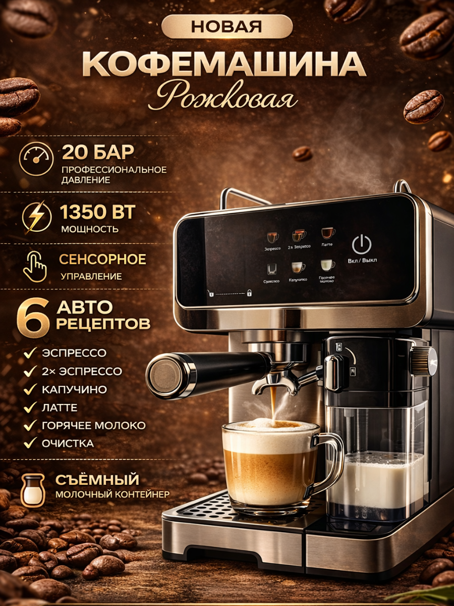 Рожковая кофемашина Gelifez, давление 20 Бар, цифровой дисплей